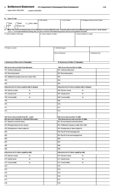 Real Estate Settlement Statement Example