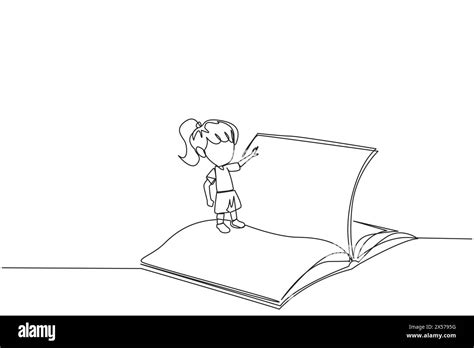 Single One Line Drawing Girl Standing Over Open Ledger Turning The Pages Read Slowly To