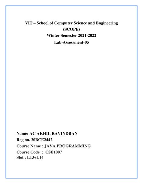 20bce2442 Java Lab Da 5 Vit School Of Computer Science And
