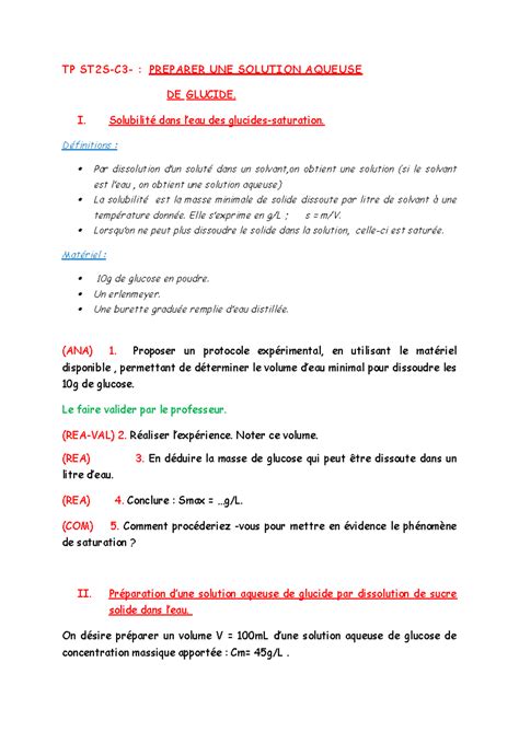Tp PrÉparation Dune Solution Aqueuse De Glucide Studocu