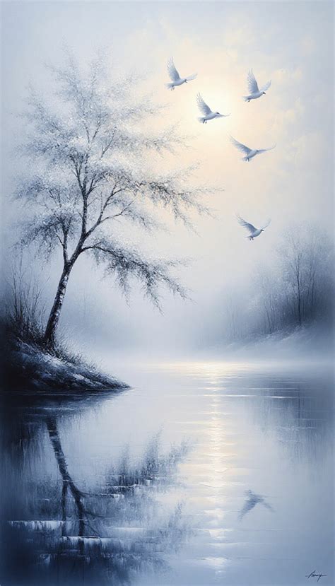 Minimalist Art Dense Morning Fog Over Water Surface Ghostly Tree