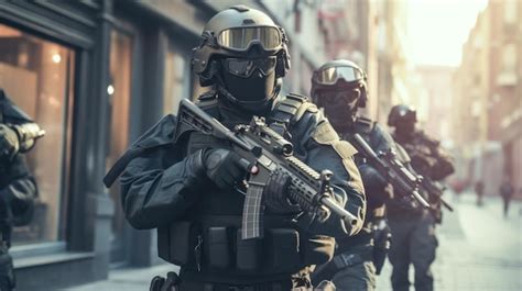 Premium Photo Light Green And Black Counterterrorism Unit In Urban