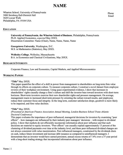 Postdoc Editable Cv Template For Economics Tempahive