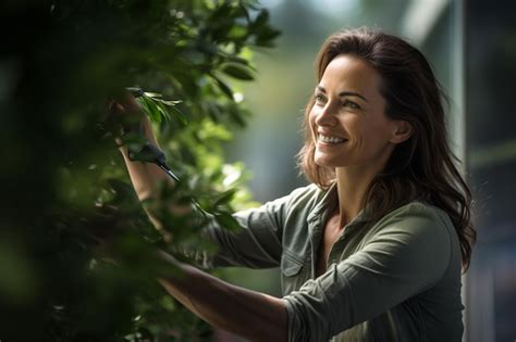 Premium Ai Image A Happy Woman Is Thinning And Trimming Tree With Generative Ai