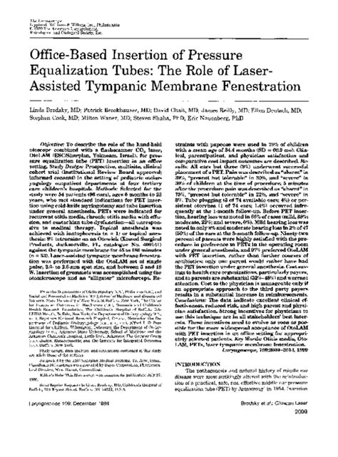 Pdf Office Based Insertion Of Pressure Equalization Tubes The Role Of Laser Assisted Tympanic