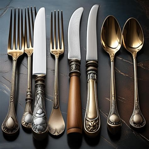 A Collection Of Silverware And Forks Are Lined Up On A Table Premium Ai Generated Image