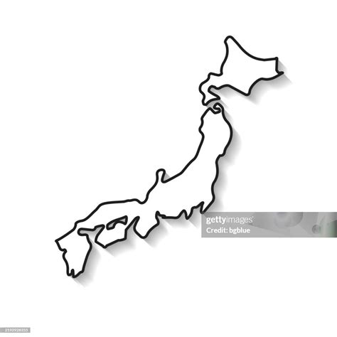 Japan Map With Black Outline And Shadow On White Background High Res