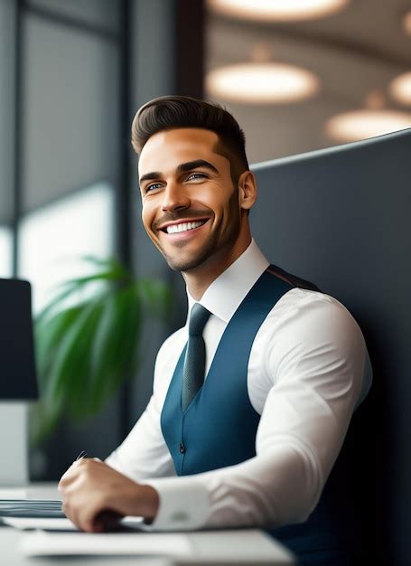 Premium Ai Image A Man Sits In Front Of A Computer And Smiles At The