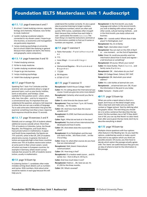 Foundation Ielts Masterclass Unit 1 Audioscript Page 8 Exercises 6 And 7 Pdf Test