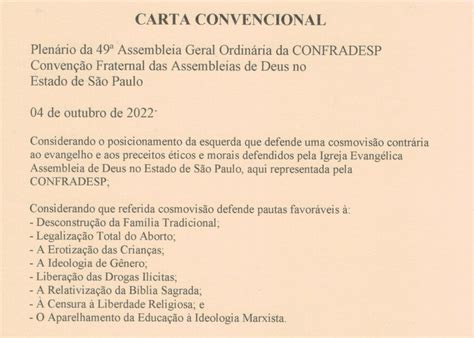 Assembleia De Deus Diz Em Carta Que Punirá Membros Que Defenderem