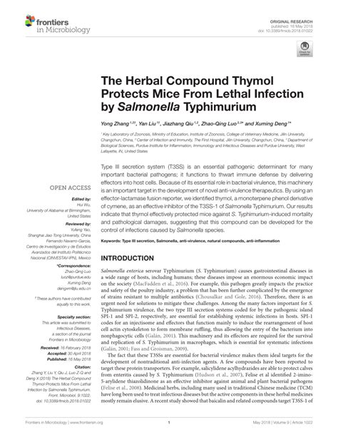Pdf The Herbal Compound Thymol Protects Mice From Lethal Infection By
