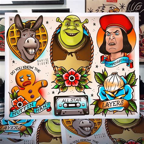 Shrek Tattoo Flash Art Print Etsy Tattoo Flash Art Cartoon Tattoos