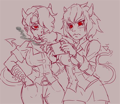 Rule 34 2demons 2girls Cigarette Duo Female Helltaker Malina Helltaker Monochrome Red Eyes