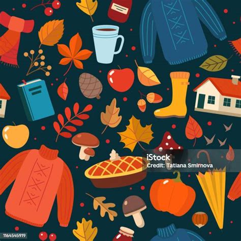어두운 배경에 계절 요소와 가을 손 그린 매끄러운 패턴 플랫 스타일의 귀여운 벡터 일러스트레이션 0명에 대한 스톡 벡터 아트 및 기타 이미지 Istock