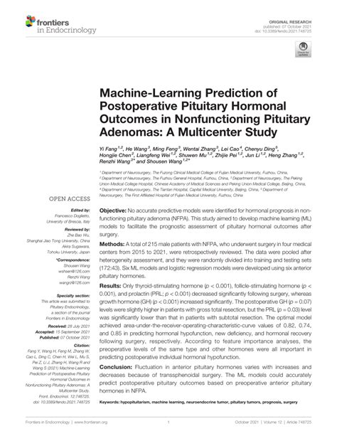 Pdf Machine Learning Prediction Of Postoperative Pituitary Hormonal