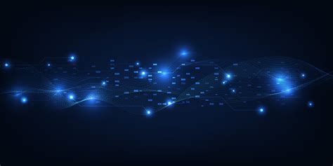 하이테크 회로 패턴과 빛나는 기하학 스트라이프 입자에 웨이브 와이어 프레임이있는 미래 디지털 기술 공간의 벡터 그림 미래형