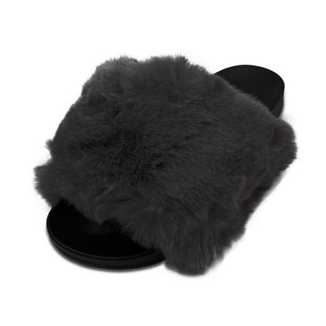 Lavra Womens Plush Faux Fur Slide Furry Slip On Sandals
