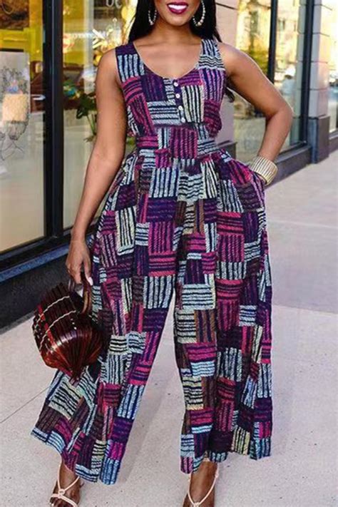 Wholesale Multi Color Sexy Casual Print Basic O Neck Regular Jumpsuits