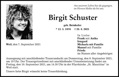 Traueranzeigen Von Birgit Schuster Augsburger Allgemeine Zeitung