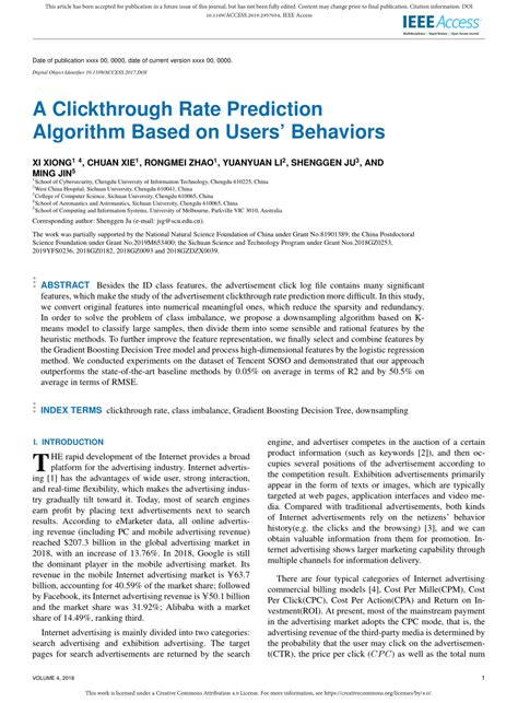 pdf a clickthrough rate prediction algorithm based on users behaviors