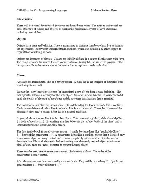 Cse413 Midterm Java Review Pdf Programming Constructor Object Oriented Programming