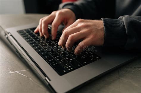 Close Up Cropped Shot Of Unrecognizable Programmer Male Typing On Laptop Keyboard Immersed In