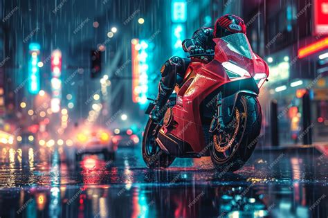 Premium Photo Night City Street Cyberpunk Neon Signs Road Motorcycle