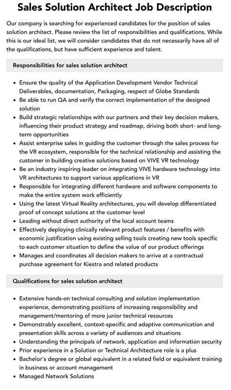 Sales Solution Architect Job Description Velvet Jobs