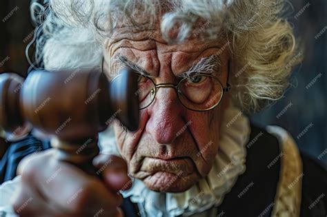 Grumpy Old Judge Face Closeup Evil Judge With Hammer And Wig Wicked