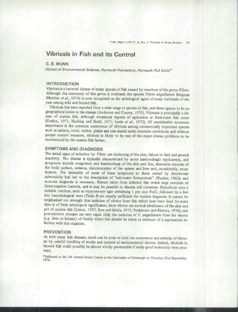 Pdf Vibriosis In Fish And Its Control