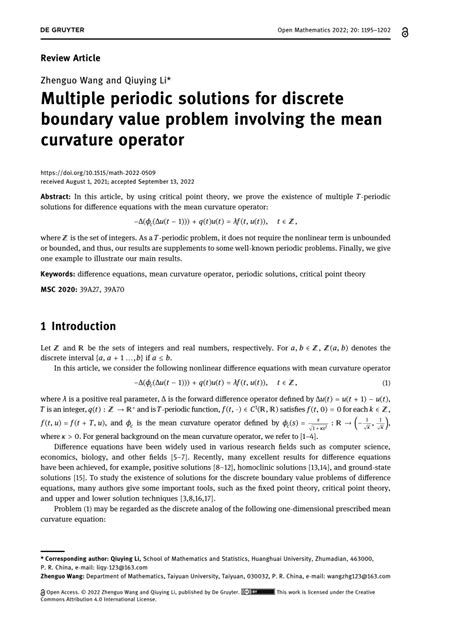 Pdf Multiple Periodic Solutions For Discrete Boundary Value Problem Involving The Mean