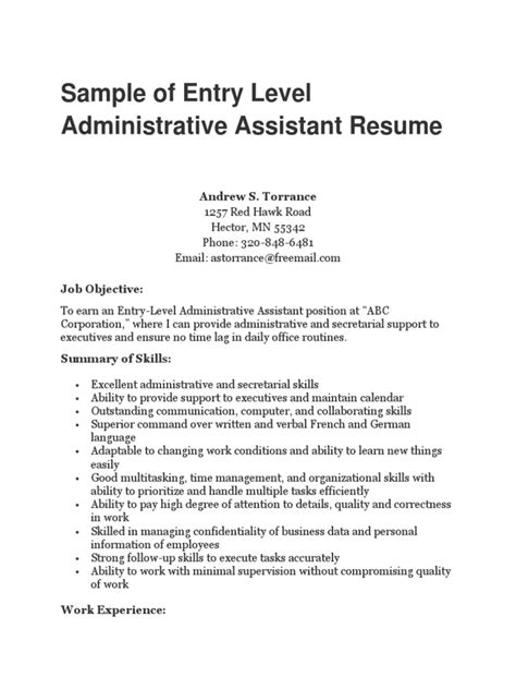 Sample Of Entry Level Administrative Assistant Resume Pdf Computing
