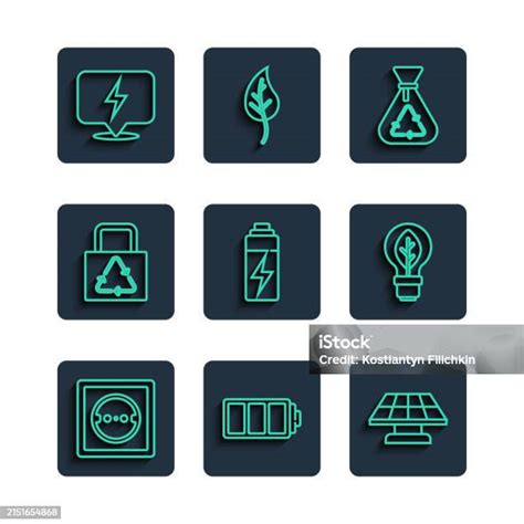 라인 전기 콘센트 배터리 태양 에너지 패널 재활용 쓰레기 봉투 종이 번개 볼트 및 전구 잎 아이콘을 설정합니다 벡터 0명에 대한 스톡 벡터 아트 및 기타 이미지 Istock
