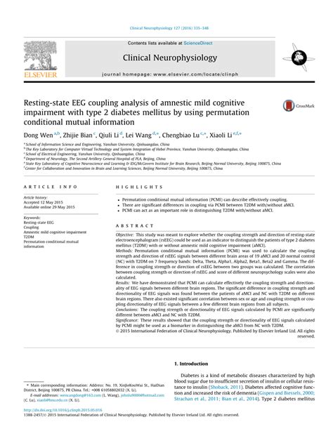 Pdf Resting State Eeg Coupling Analysis Of Amnestic Mild Cognitive