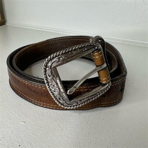 Ariat Brown Leather Floral Embossed Silver Buckle Depop