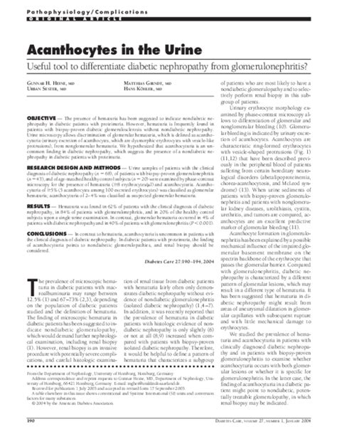 Pdf Acanthocytes In The Urine Useful Tool To Differentiate Diabetic