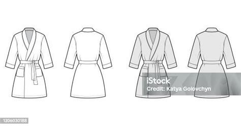 바스로브 드레싱 가운 테크니컬 패션 일러스트와 랩 오프닝 미니 길이 오버사이즈 포켓 팔꿈치 소매 0명에 대한 스톡 벡터 아트 및 기타 이미지 Istock