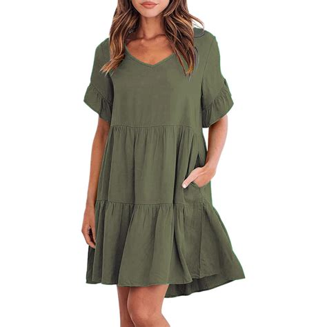 Lisingtool Plus Size Dress Ladies Summer Casual V Neck Layered Ruffle
