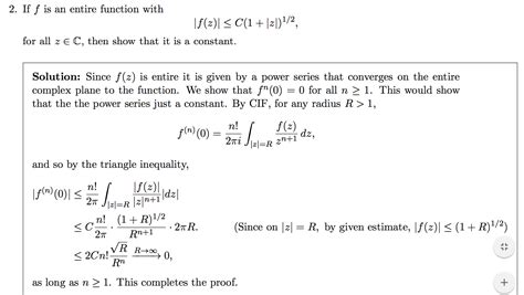 Complex Analysis To Show That An Entire Function Is A Constant