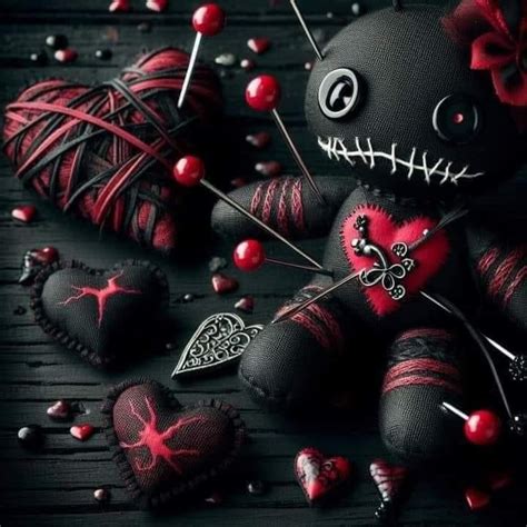 Voodoo Doll Surrounded By Red And Black Hearts Needles And Yarns