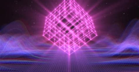 Retro Synthwave 3d Laser Wireframe Cube Rotating Over 80s Neon Grid