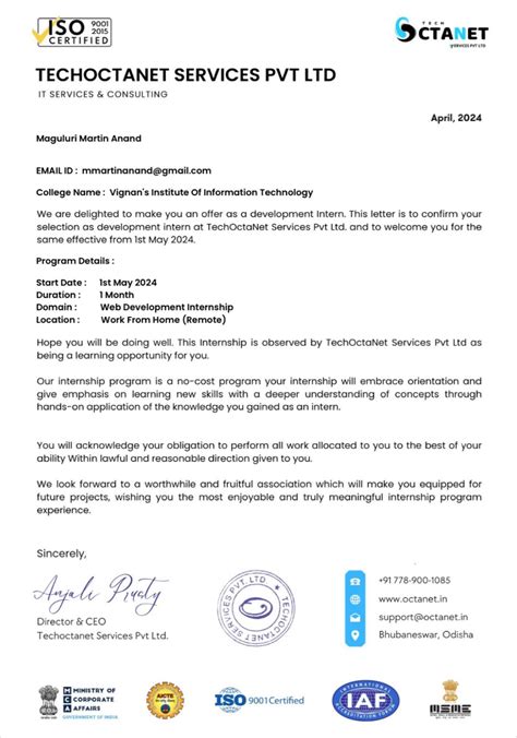 Octanet Internship Webdevelopment Offerletter Mmartin Anand