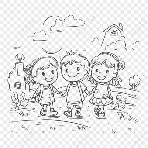 공원 색칠 페이지 개요 스케치 드로잉에서 세 아이 벡터공장선 그리기 Png 일러스트 무료 다운로드 Lovepik
