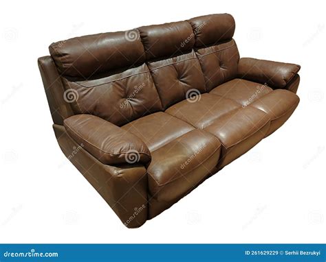 Brown Leather Upholstered Sofa In Classic Style On Isolated White