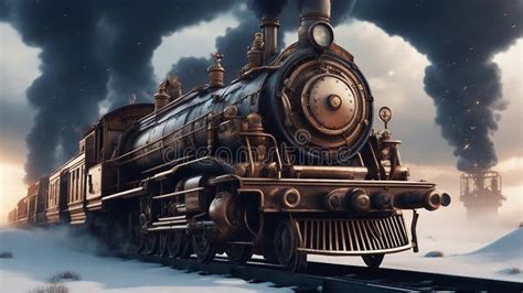 Old Train Rocket Powered Steampunk Train Billowing Smoke Traveling To
