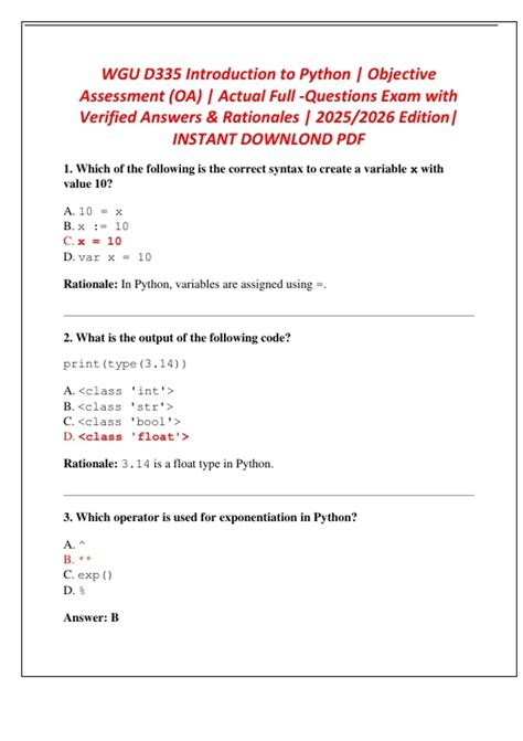 Wgu D335 Introduction To Python Objective Assessment Oa Actual
