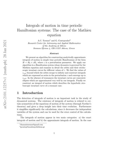 Solution Integrals Of Motion In Time Periodic Hamiltonian Systems The Case Of The Mathieu