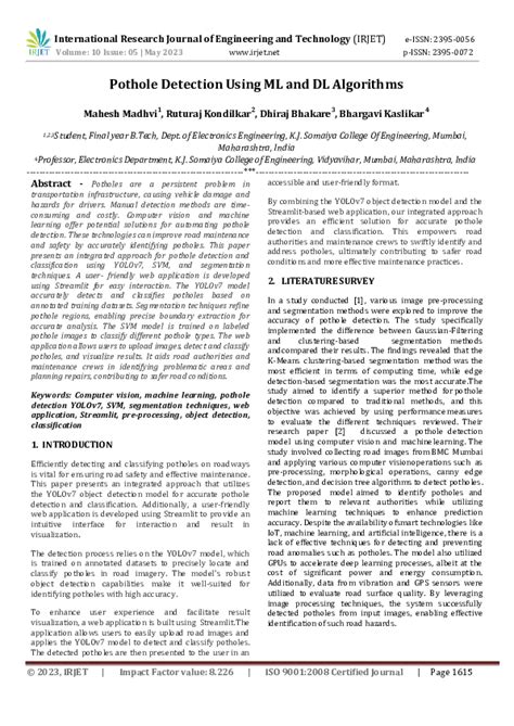 Pdf Pothole Detection Using Ml And Dl Algorithms