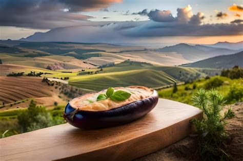 Premium Photo Food On A Wooden Table With A Sunset In The Background