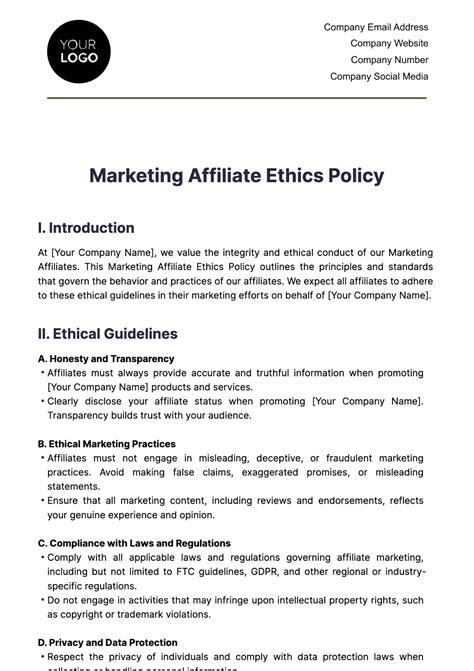 Free Marketing Affiliate Ethics Policy Template To Edit Online